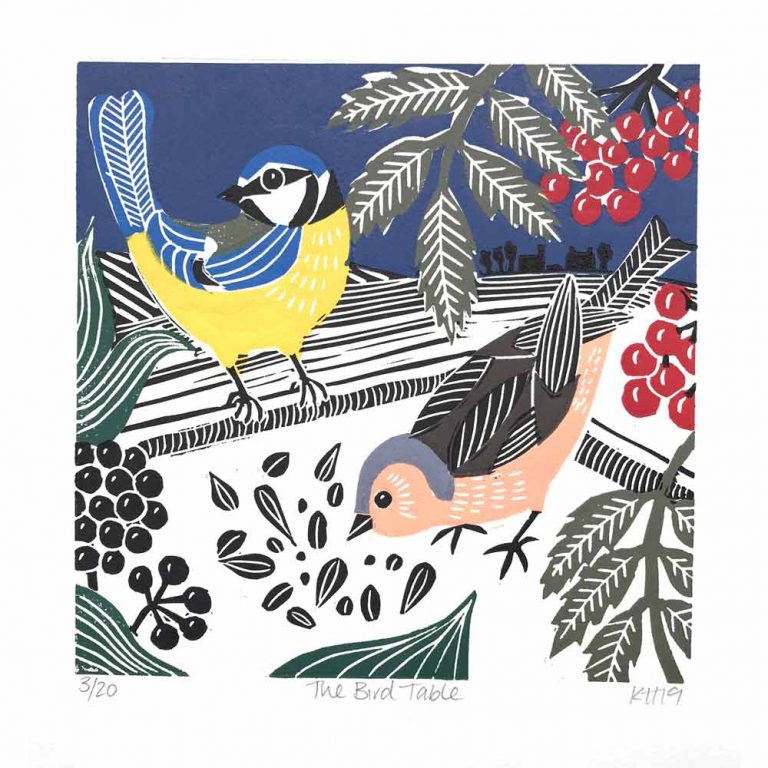The Bird Table | Original Linocut | Kate Heiss | Walsingham Gallery